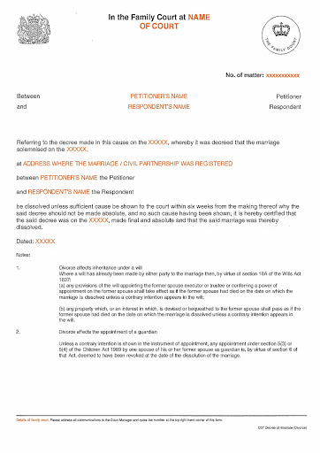 Replacement Decree Absolute Certificate